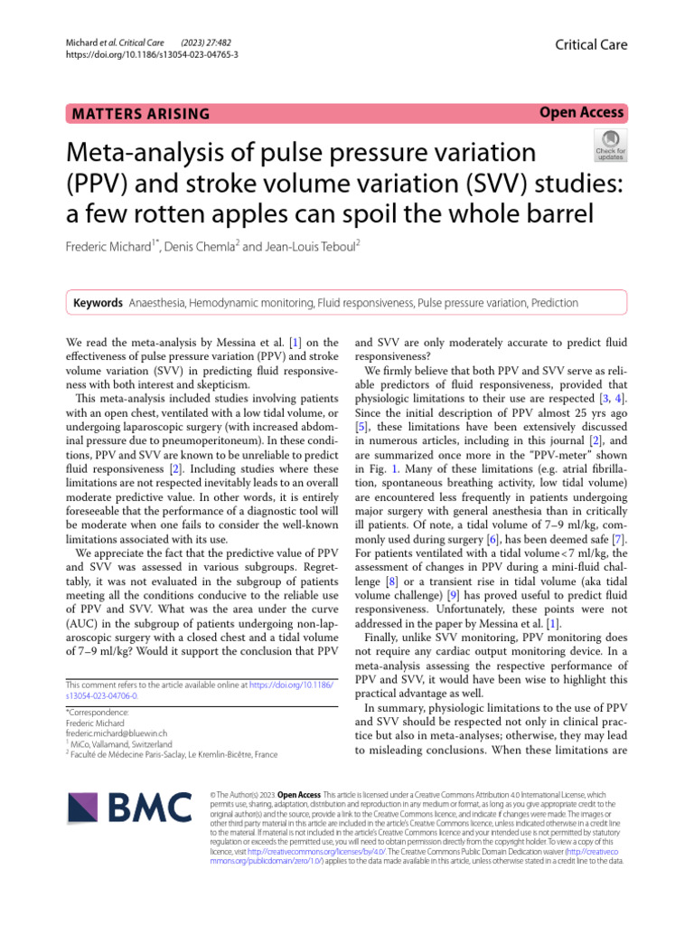 Meta-Analysis of Pulse Pressure Variation PPV and | PDF | Surgery | Diseases And Disorders