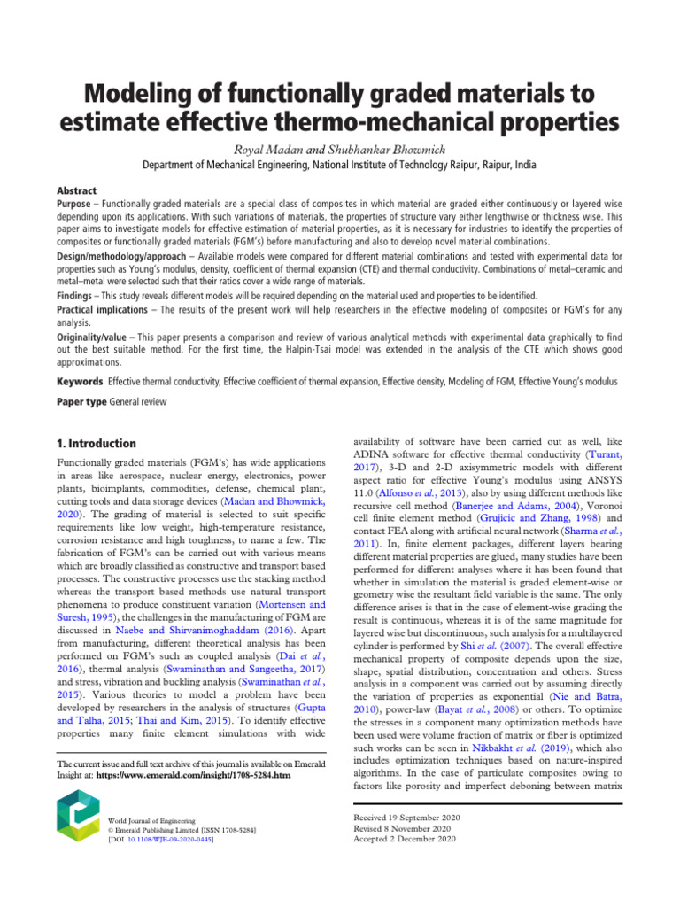 Modeling of Functionally Graded Materials To Estimate Effective Thermo-Mechanical Properties | PDF