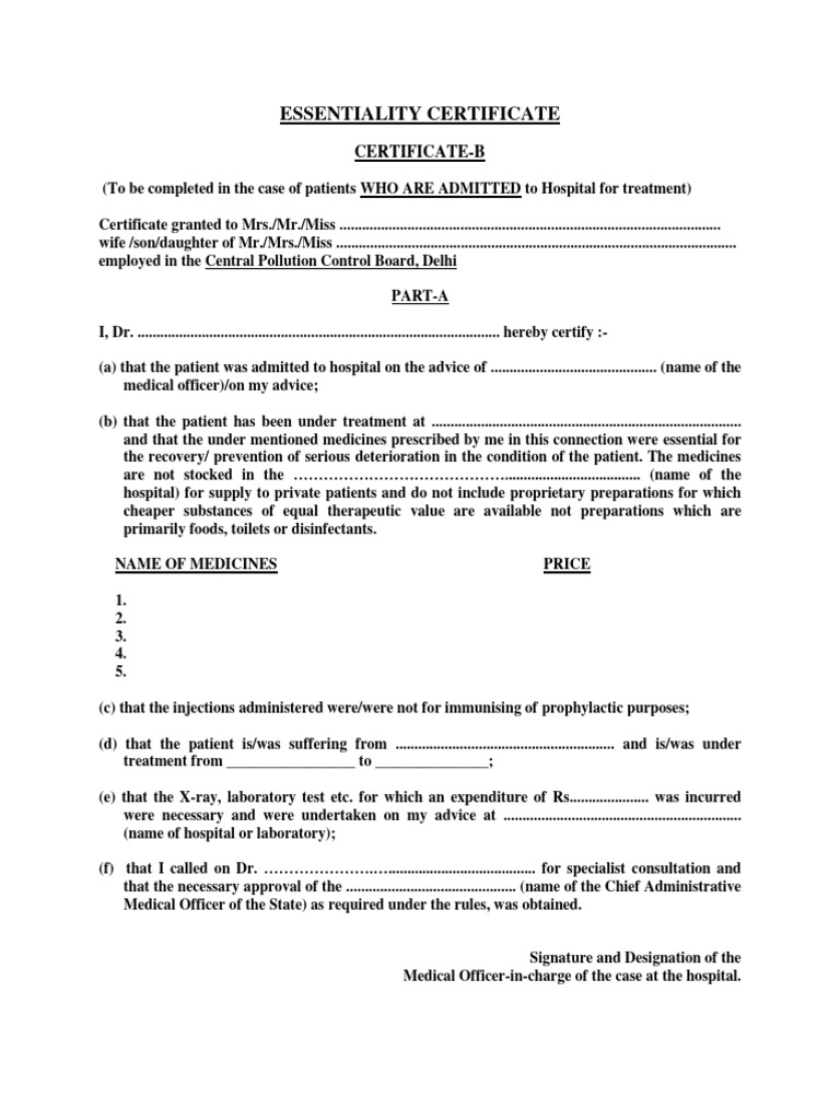 Essentiality Certificate | PDF | Hospital | Patient