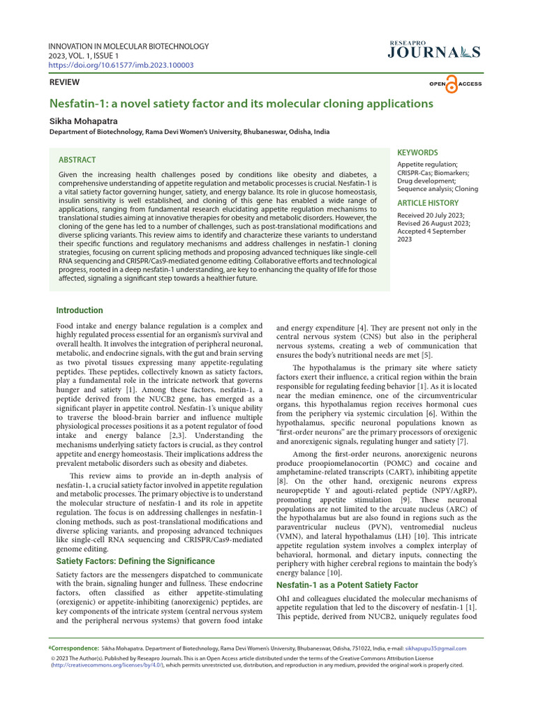 Nesfatin-1 A Novel Satiety Factor and Its Molecular Cloning Applications | PDF
