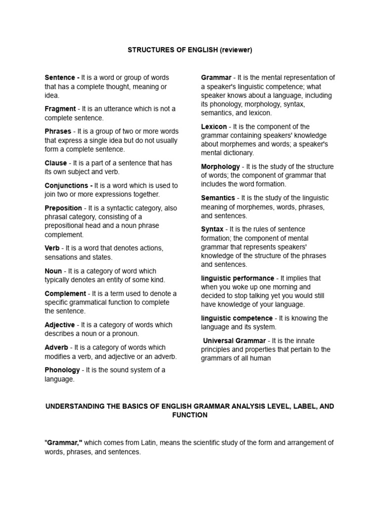 STRUCTURE OF ENGLISH Reviewer Midterms | PDF