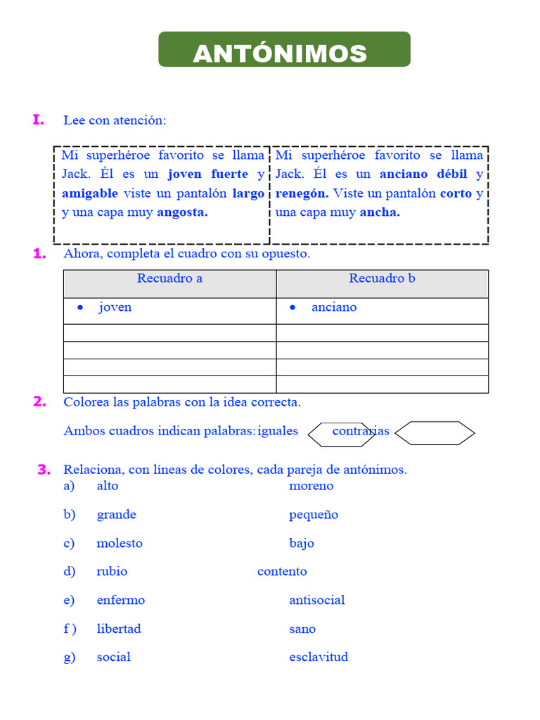 Antónimos para Niños para Segundo Grado de Primaria | PDF
