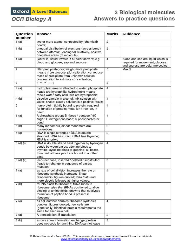 OCR A As Biology 3 Practice Question Answers 3 | PDF | Dna | Rna