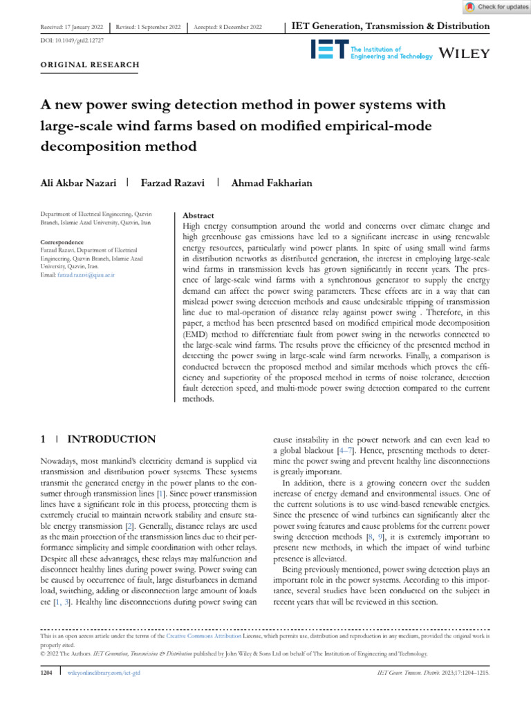 Iet Generation Trans Dist 2022 Nazari A New Power Swing Detection Method In Power Systems