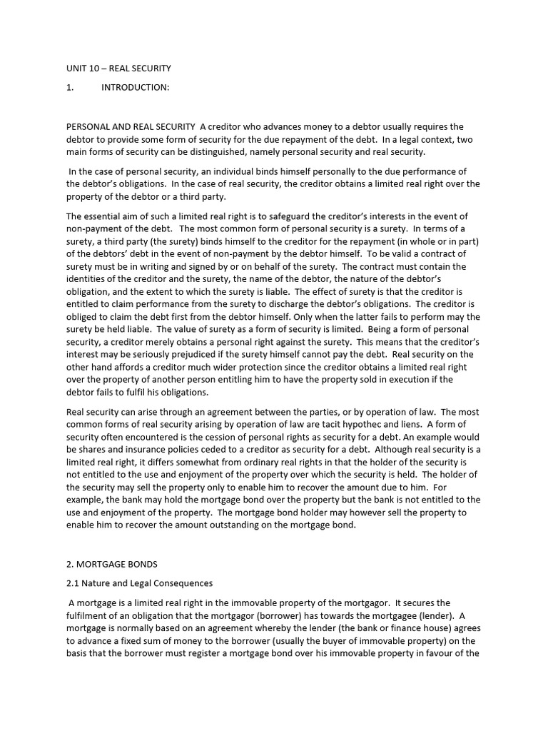 Unit 10 Real Security Lecture Notes | PDF | Mortgage Law | Security ...