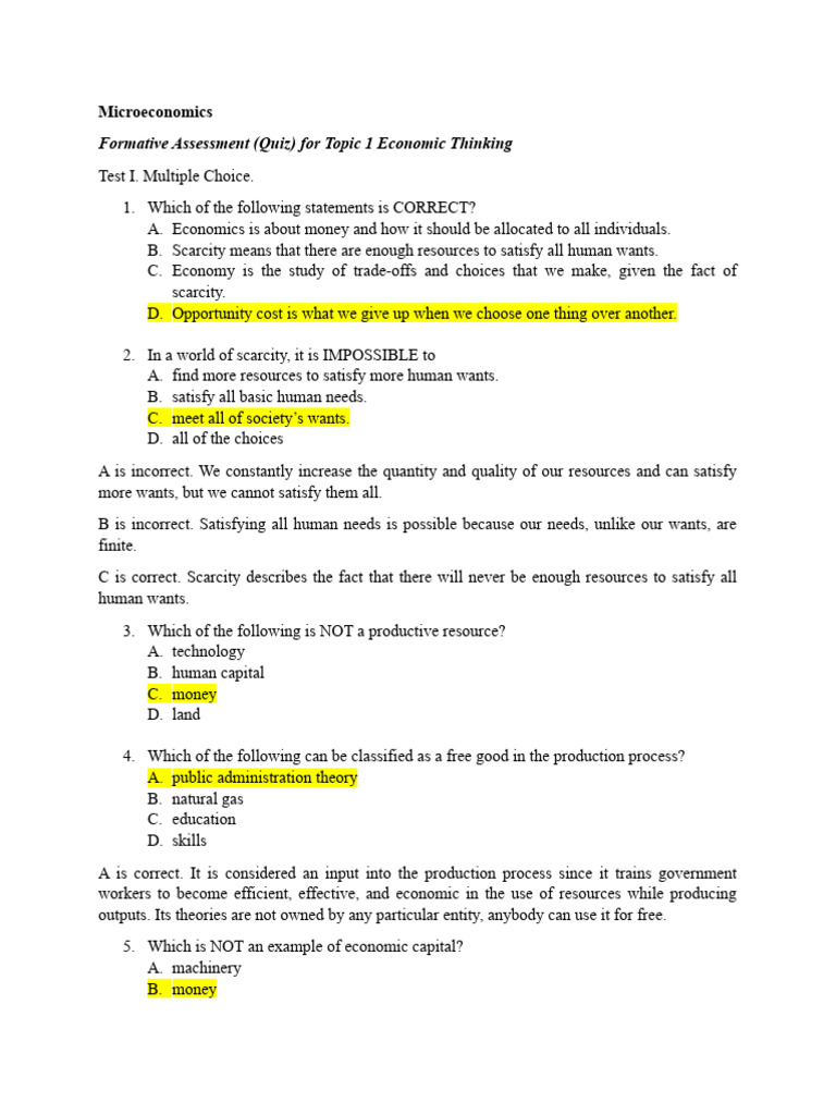 Question Bank Topic 1 Economic Thinking and Choice in A World of ...