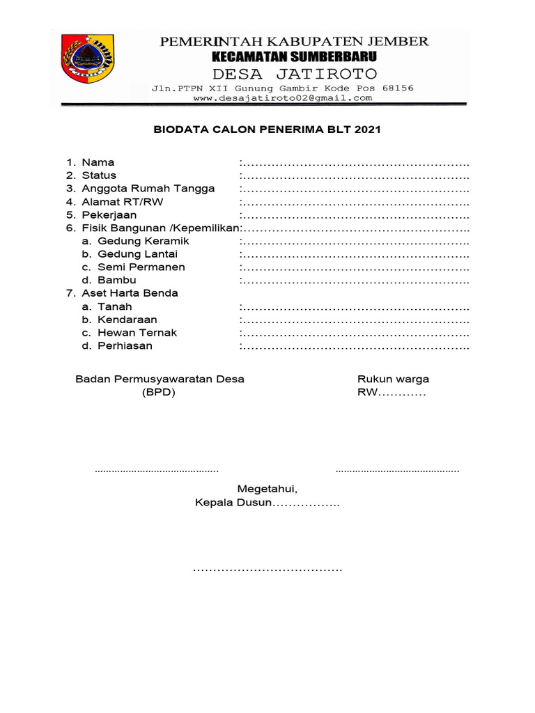 Biodata Calon Penerima BLT 2021 | PDF