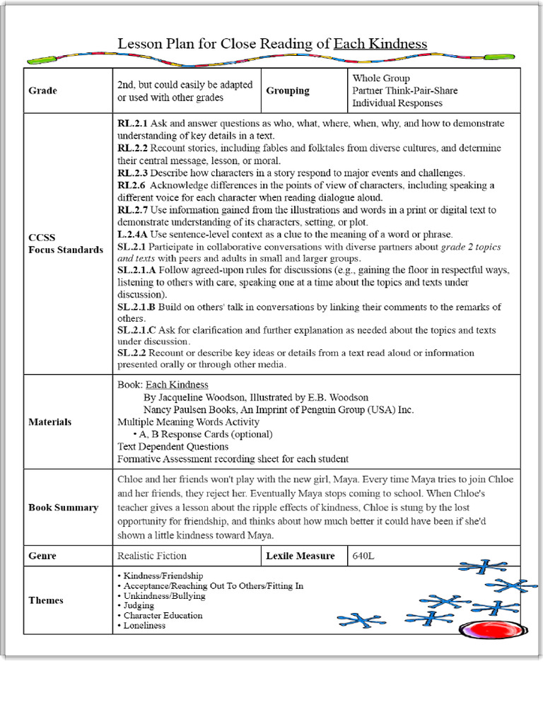Lesson Plan For Close Reading of Each Kindness - PDF | PDF