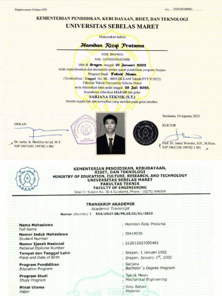 Ijazah Dan Transkrip Nilai - Hamdan Rizqi Pratama | PDF