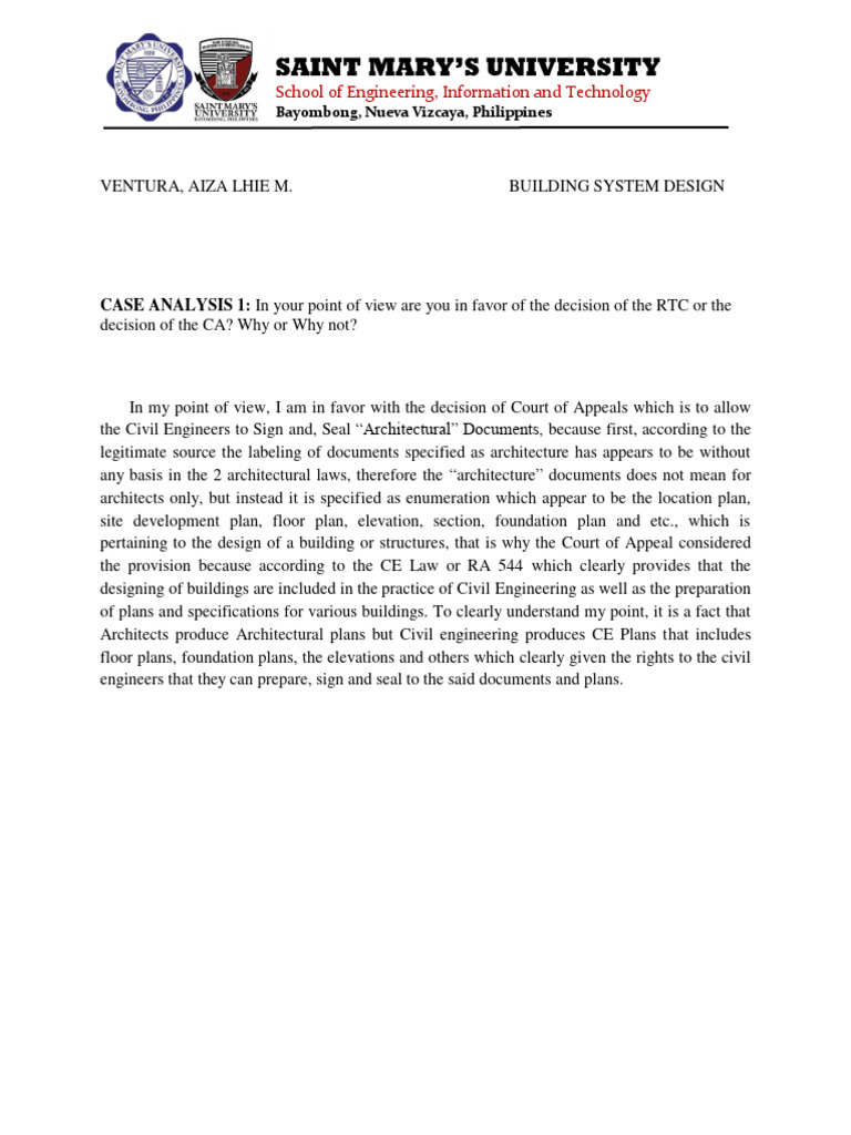 Saint Mary'S University: CASE ANALYSIS 1: in Your Point of View Are You in Favor of The Decision ...