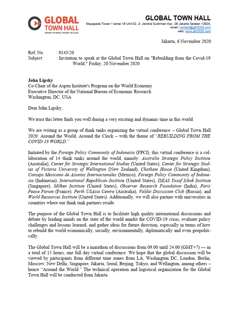 Invitation to Global Town Hall 2020 | PDF | Think Tank