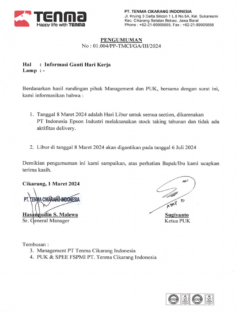 Pengumuman Ganti Hari Kerja | PDF