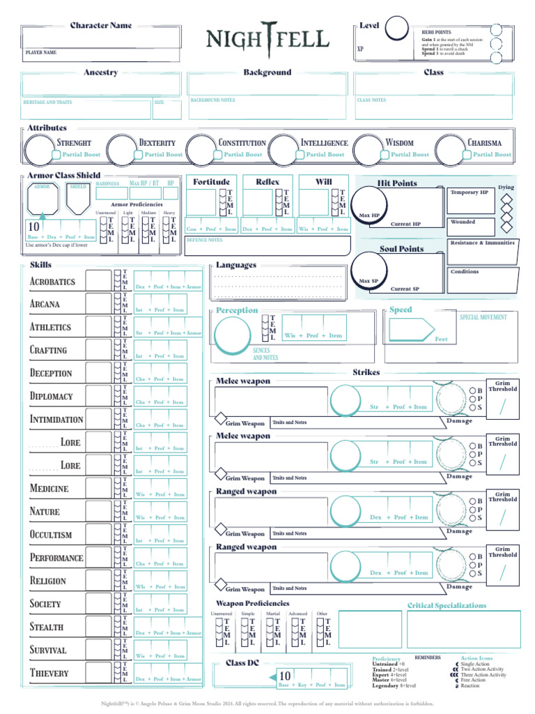CharacterSheet Nightfell PF2 Printable | PDF