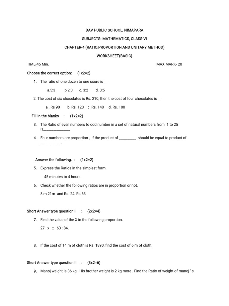Class 6 Ratio and Proportion Worksheets | PDF