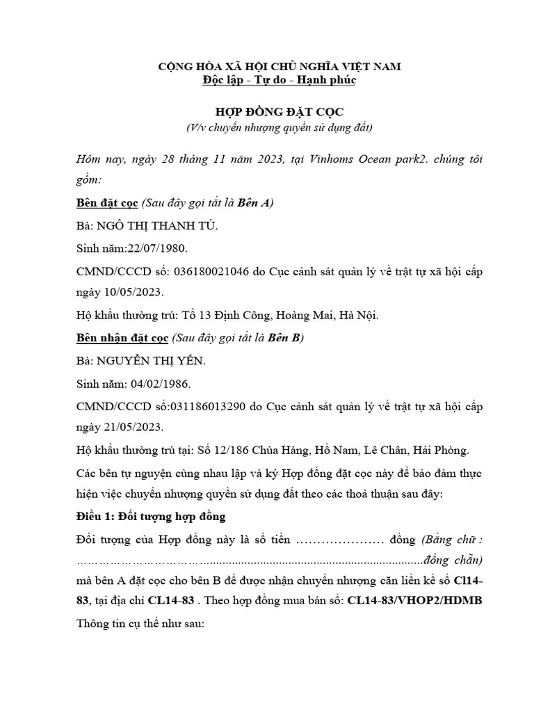 Hop Dong Dat Coc Mua Dat - 0104153056 | PDF