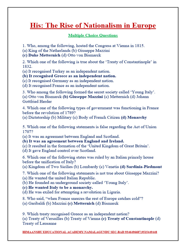 MCQ Nationalism in Europe | PDF