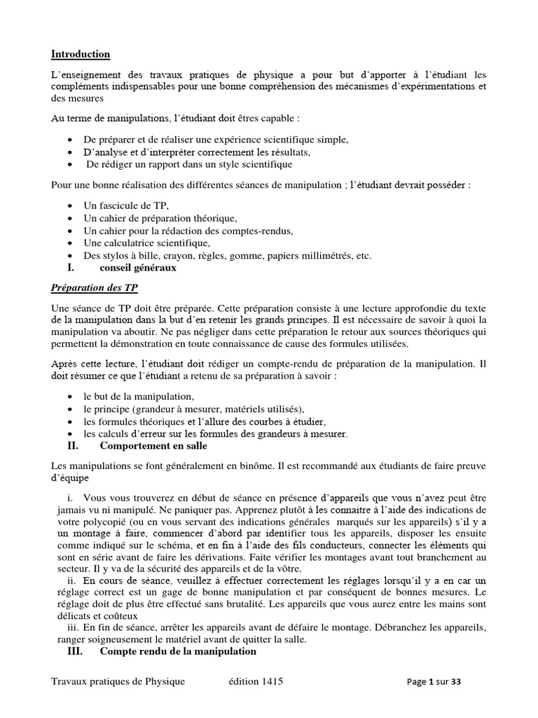 Fascicule Des TP Physique L1PH | PDF