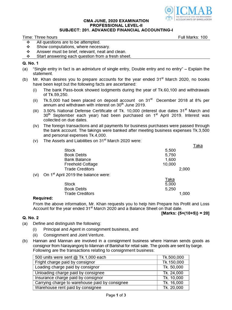 201.AFA IP.L II Question CMA JUNE 2020 Exam | PDF