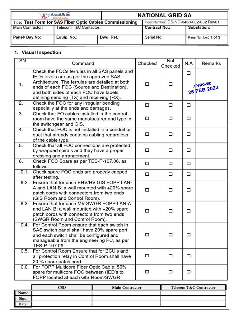 DS-NG-6460-002-002 Test Form For SAS Fiber Obtic Cables Commissioning ... DS-NG-6460-002-002 Test Form For SAS Fiber Obtic Cables Commissioning ...