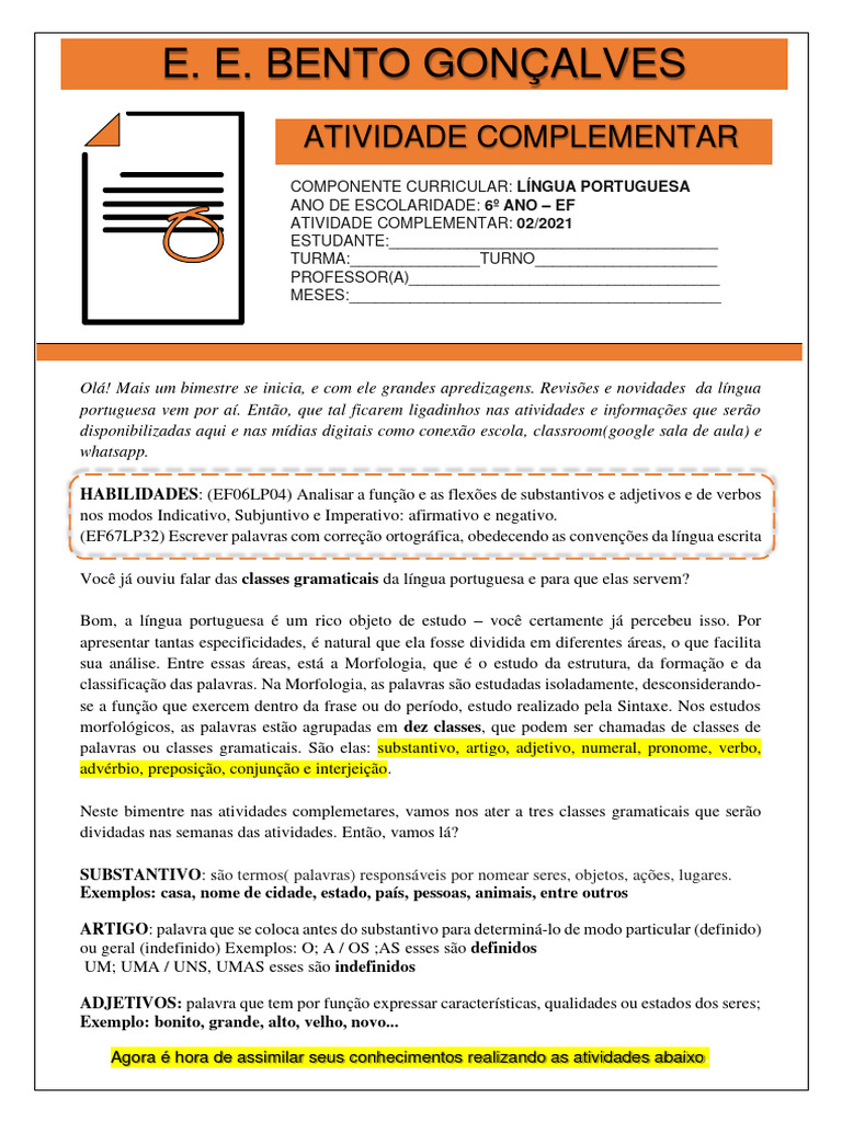 Classe Gramatical Atividade Com Interpretação de Texto | PDF | Classe ...