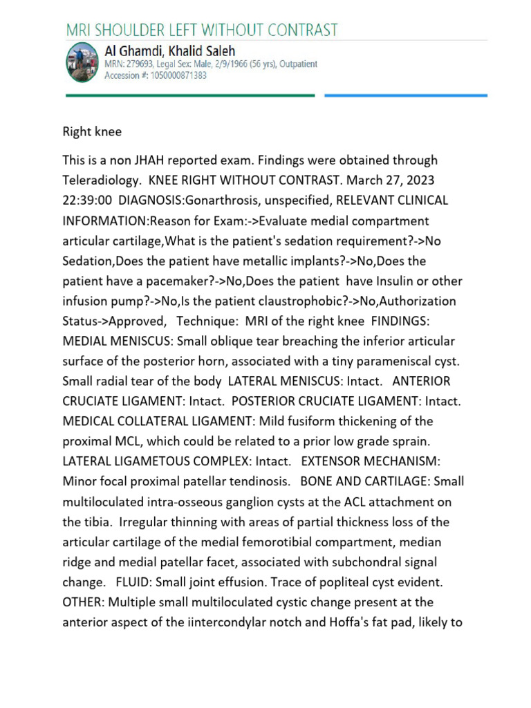 Medical Reports MR - Alghamdi Khalid Saleh - RIGHT & LEFT KNEE | PDF ...