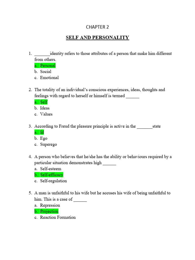 CHAPTER 2.self and Personality - MCQ | PDF | Id | Social Psychology