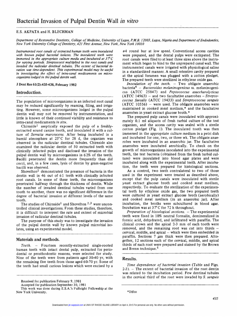 Akpata, E. S., & Blechman, H. (1982) - Bacterial Invasion of Pulpal Dentin Wall in Vitro. | PDF ...