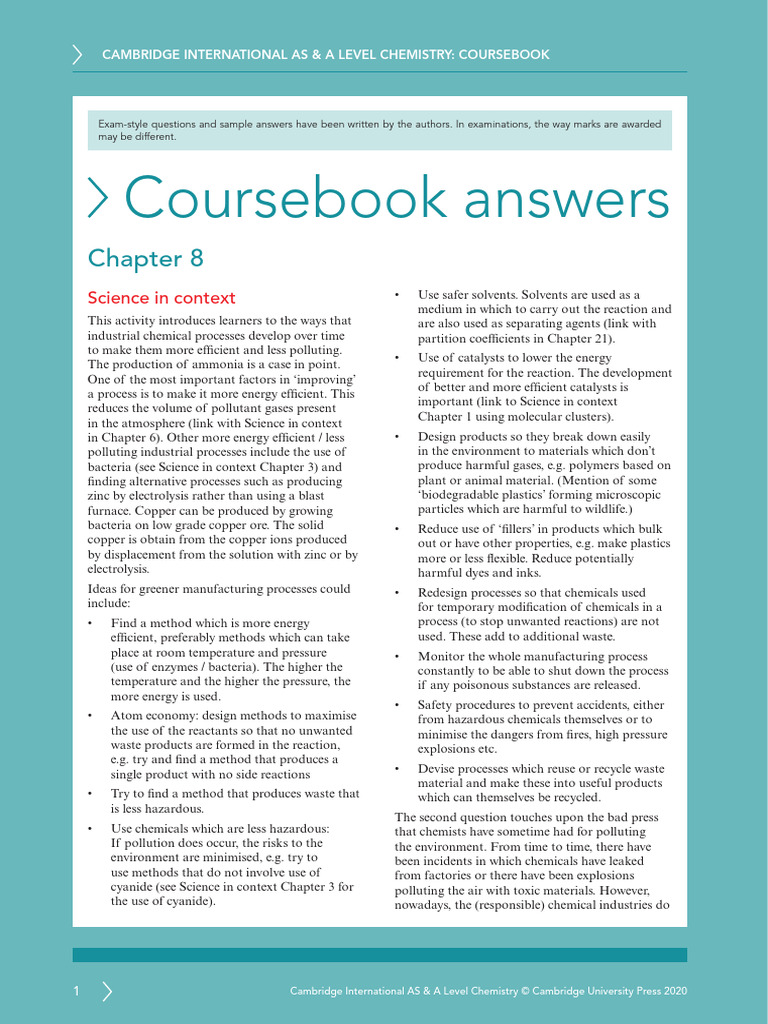 Coursebook Answers Chapter 8 Asal Chemistry | PDF | Acid | Chemical Reactions