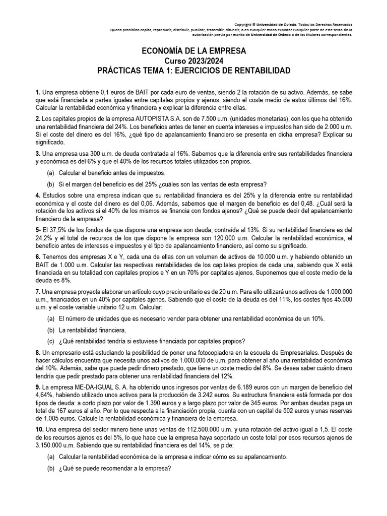 rentabilidad tema 1 economia empresa | PDF | Rentabilidad sobre recursos propios ...