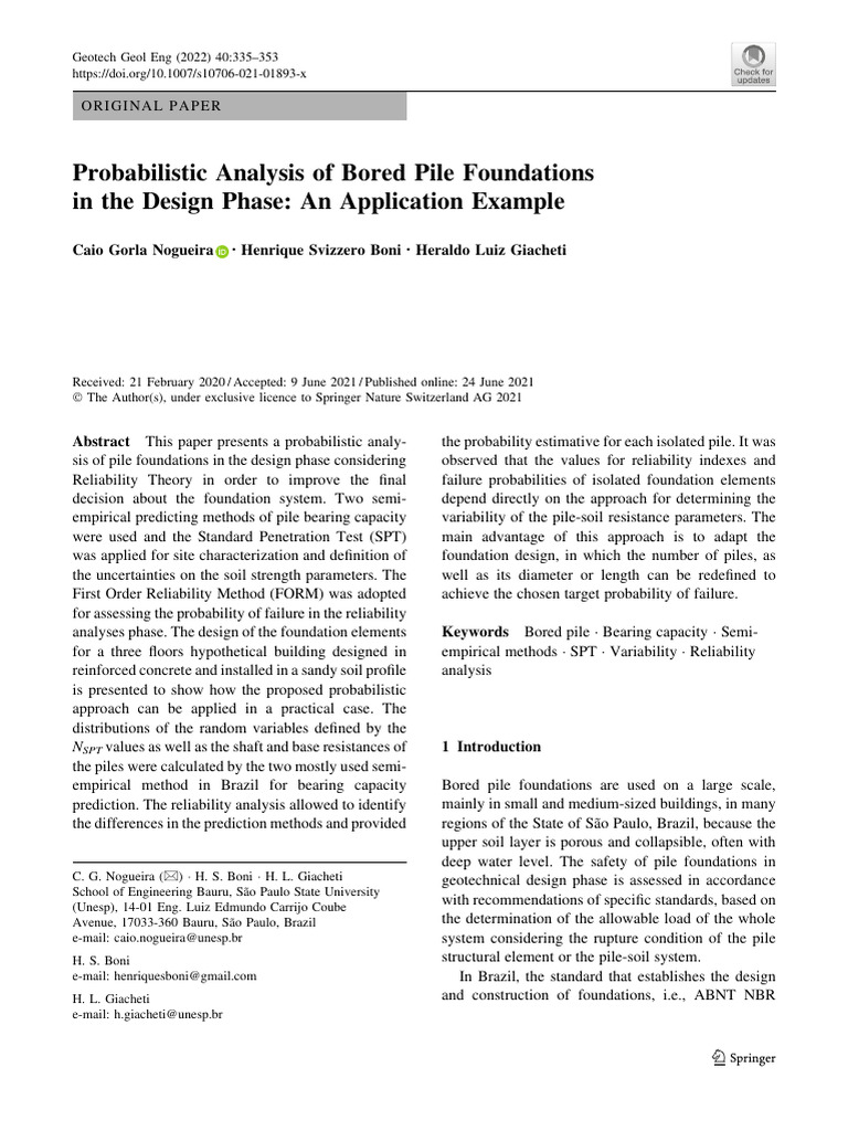 Probabilistic Analysis of Bored Pile Foundations | PDF Probabilistic Analysis of Bored Pile Foundations | PDF