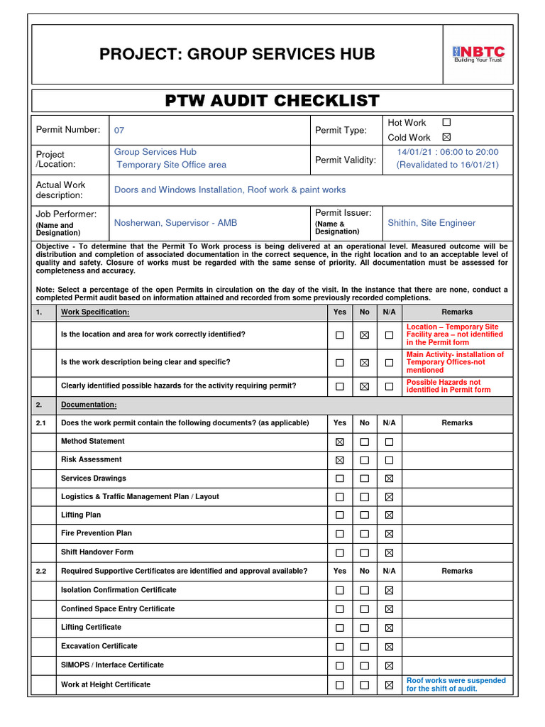 1.PTW AUDIT Dated 16-01-2021 | PDF