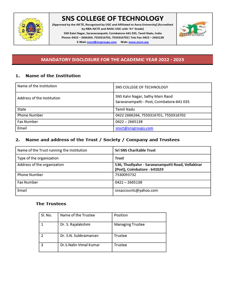 Mandatory Disclosure - SNS College of Technology 22-23 | PDF ...
