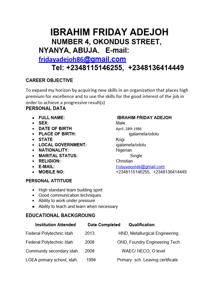 Ibrahim Friday Adejoh CV | PDF | Teachers