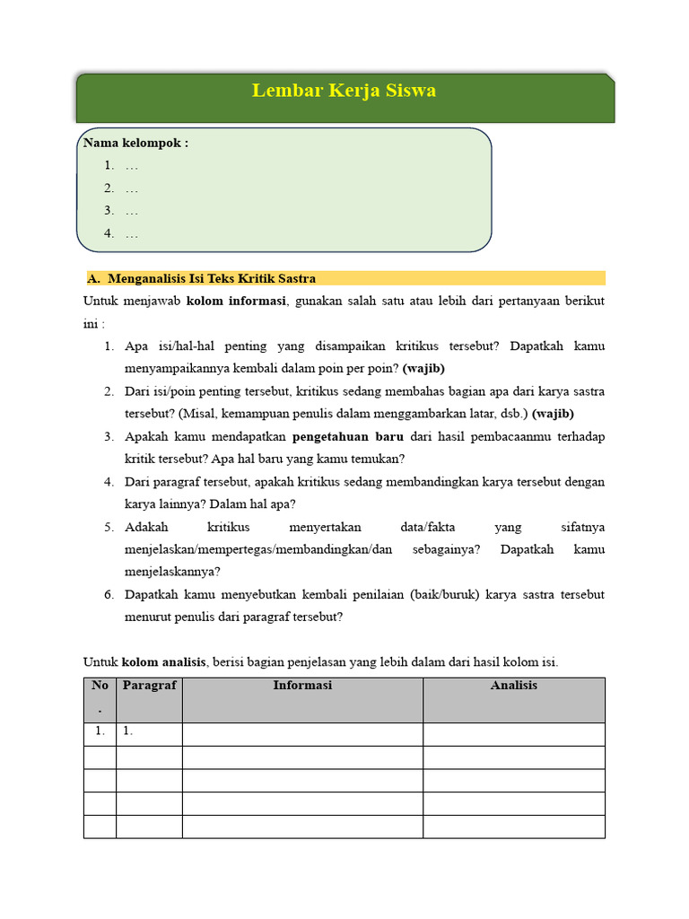 LKPD Kritik Dan Esai Sastra | PDF