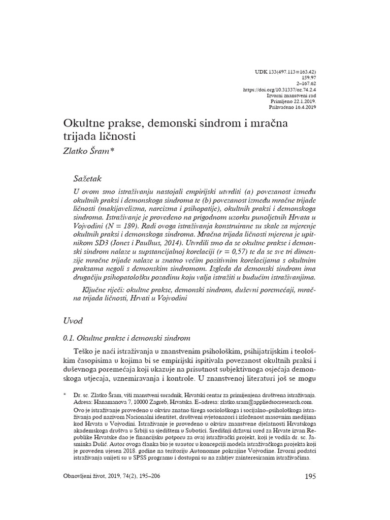 Okultne Prakse, Demonski Sindrom I Mračna Trijada Ličnosti | PDF