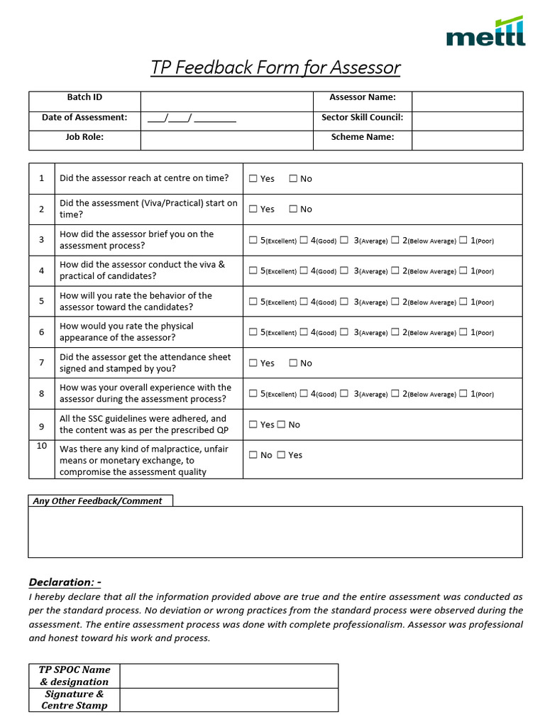TP Feedback Form & Declaration Form v1.1 071118 | PDF | Psychology | Cognitive Science