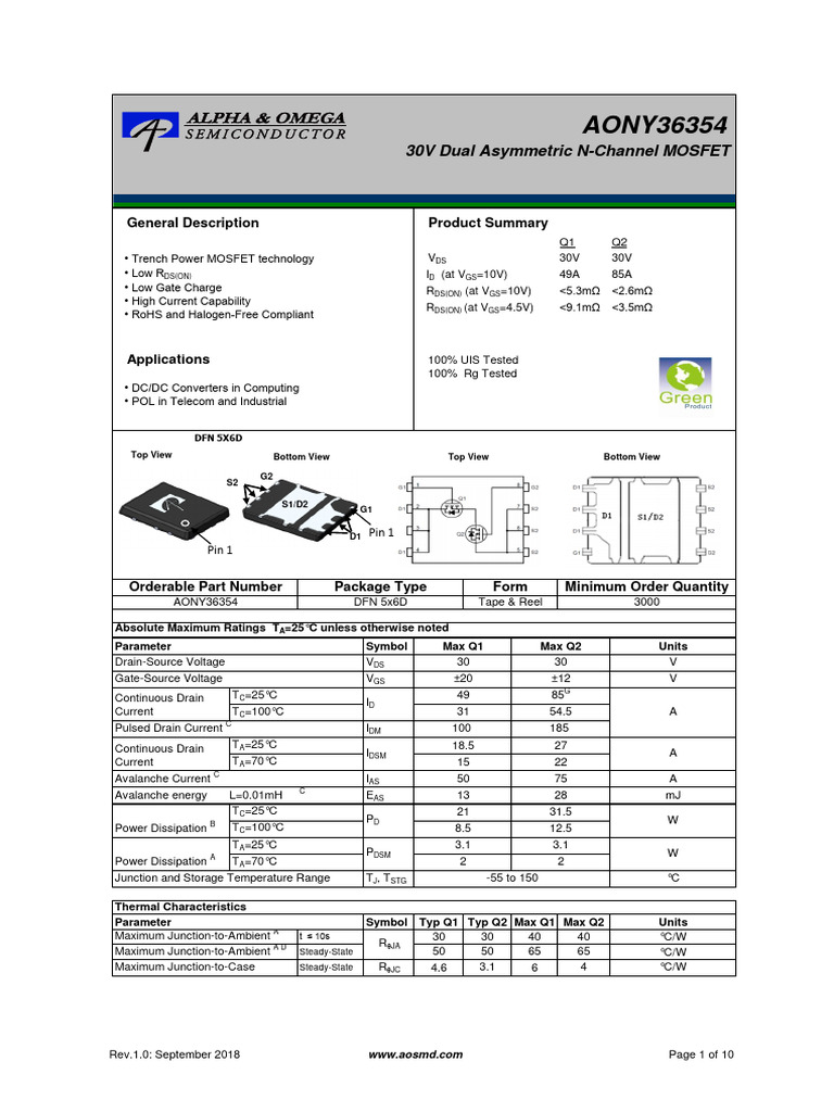AONY36354 AlphaOmegaSemiconductors | PDF | Diode | Electrical Engineering