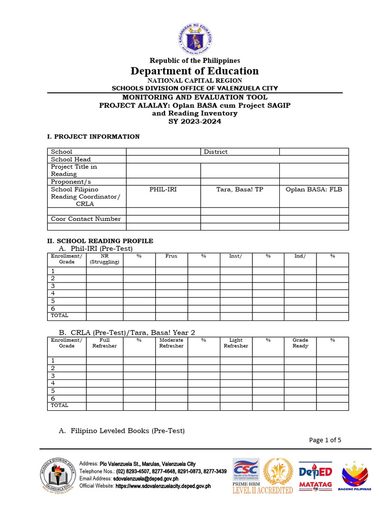 Monitoring and Evaluation Tool Project ALALAY | PDF | Applied Psychology | Reading (Process)