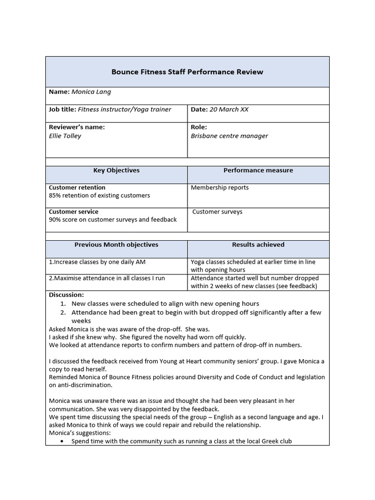 Bounce Fitness Performance Review - Monica Lang MAR 20XX | PDF
