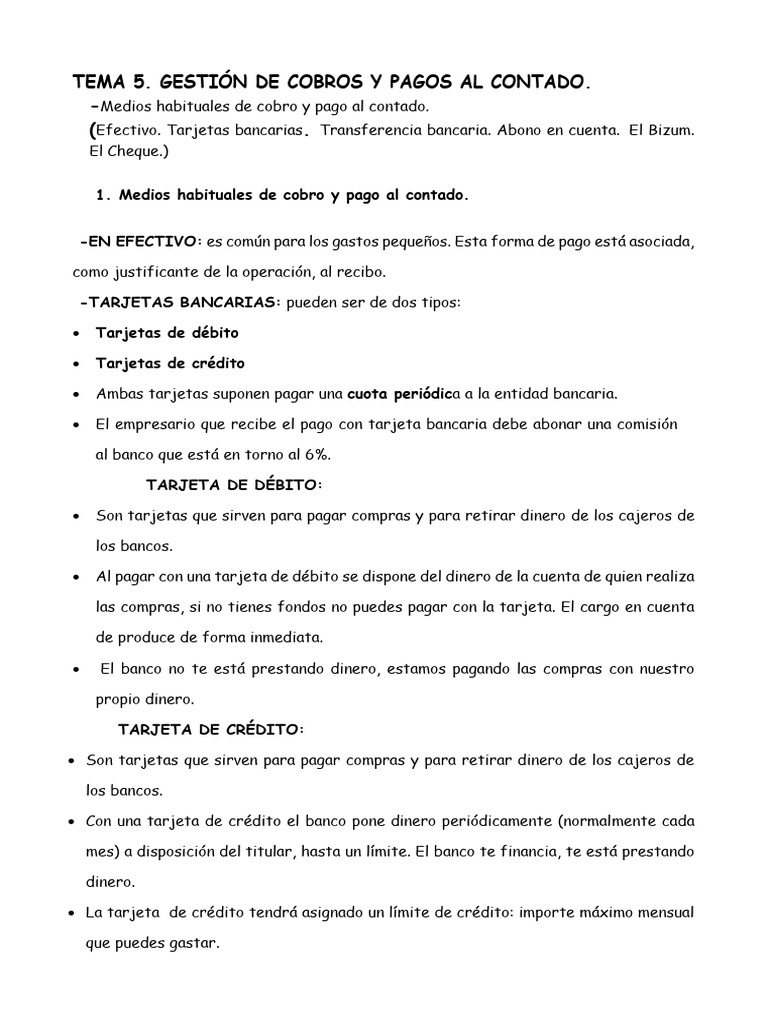 Tema 5. Gestión de Cobros y Pagos Al Contado | PDF | Cheque | Bancos