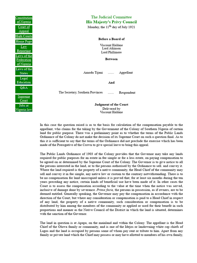 Amodu Tijani V The Secretary, Southern Provinces | PDF | Judgment (Law ...