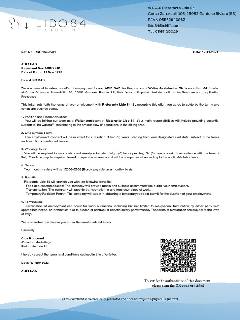 Abir Das Offer Letter Waiter Assistant | PDF | Employment | Private Law