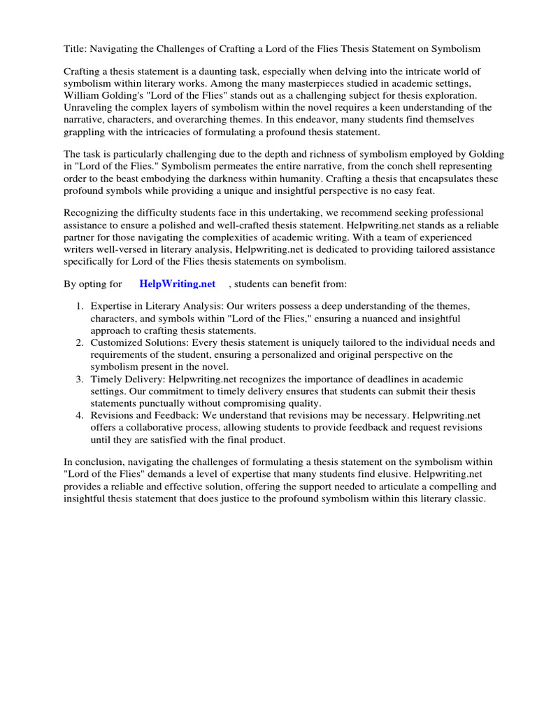 Lord of The Flies Thesis Statement About Symbolism | PDF