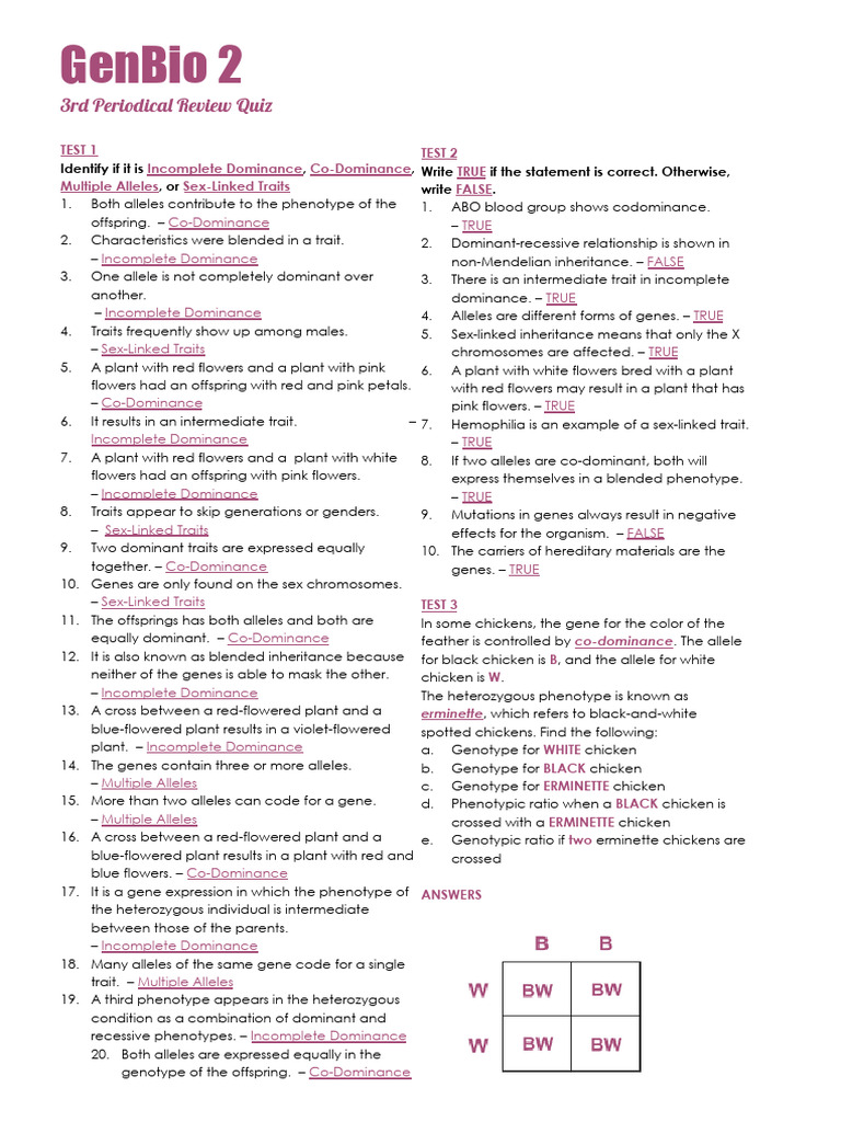 B5 GenBio 2 3rd Periodical Review Quiz | Download Free PDF | Dominance (Genetics) | Genotype
