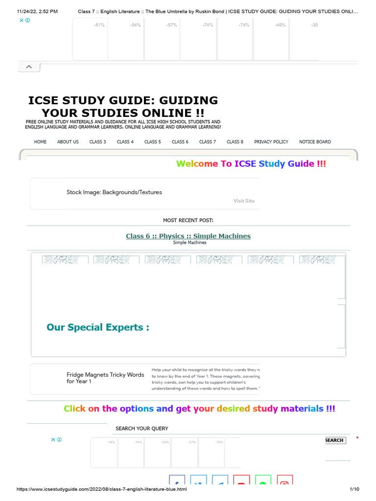 Class 7 - English Literature - The Blue Umbrella by Ruskin Bond - ICSE ...