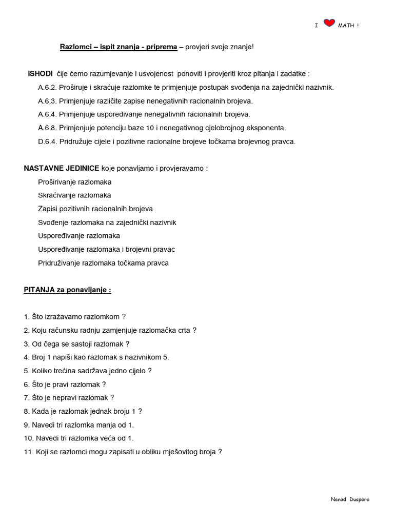 Razlomci - Ispit - Znanja Priprema N.Duspara | PDF