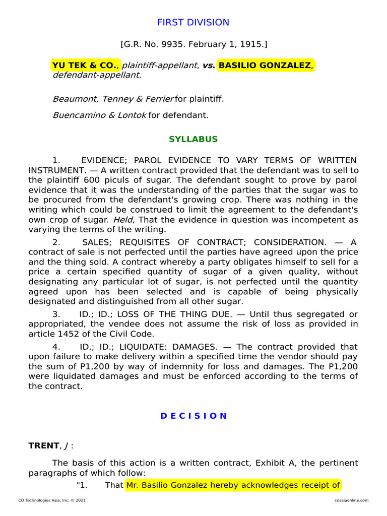 Parol Evidence in Sugar Sale Dispute | PDF | Parol Evidence Rule | Damages