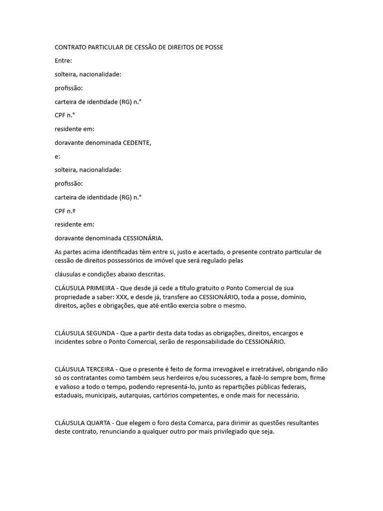 Contrato Particular De Cessão De Direitos De Posse Pdf