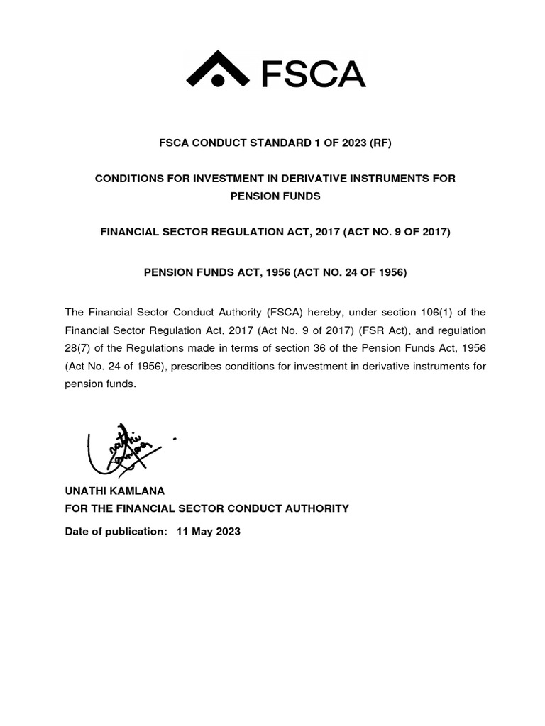 FSCA Conduct Standard 1 of 2023 (RF) - Conditions For Investment in Derivatives | PDF ...