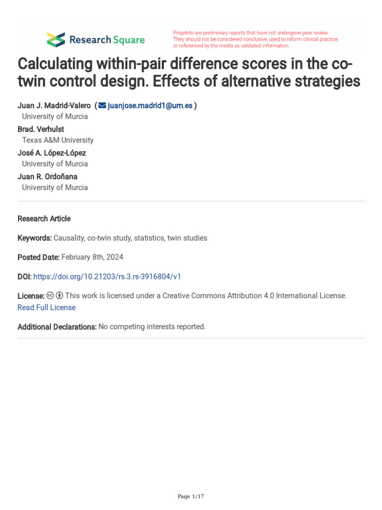 Co-Twin Control Design: Difference Scores Analysis | PDF | Confounding ...
